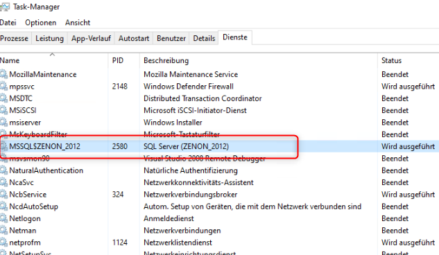 Service 'zenDBSrv.exe' on server 'localhost' is not running!